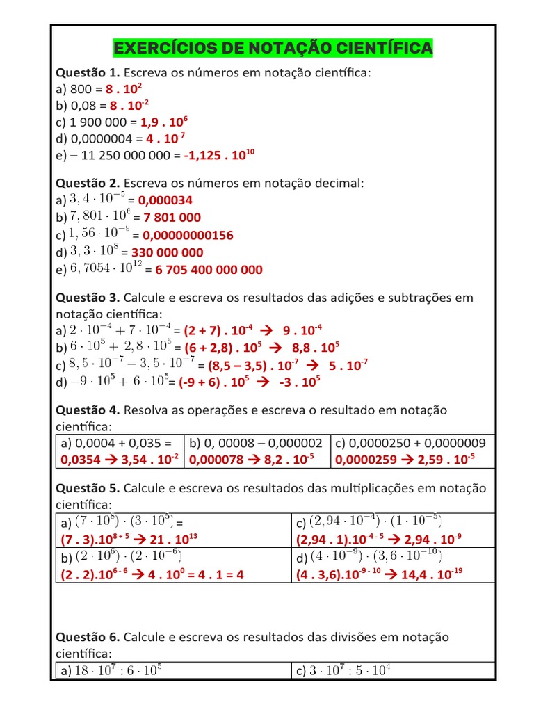 Exercícios de Notação Científica 901 | PDF