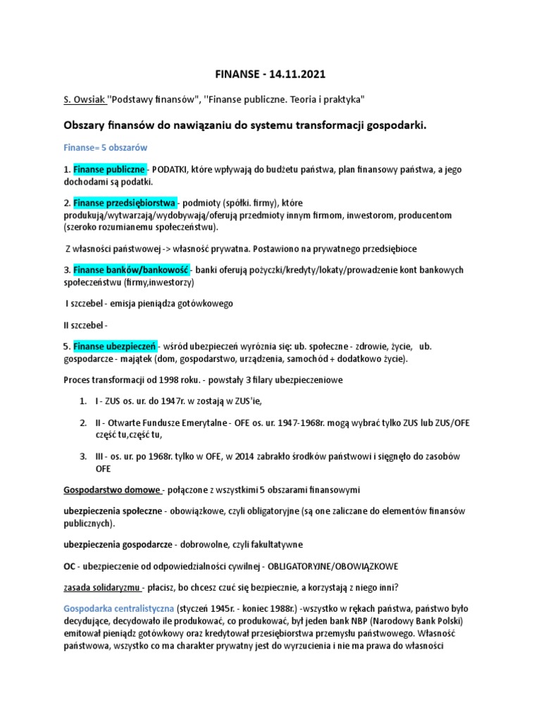 Notatka Finanse | PDF