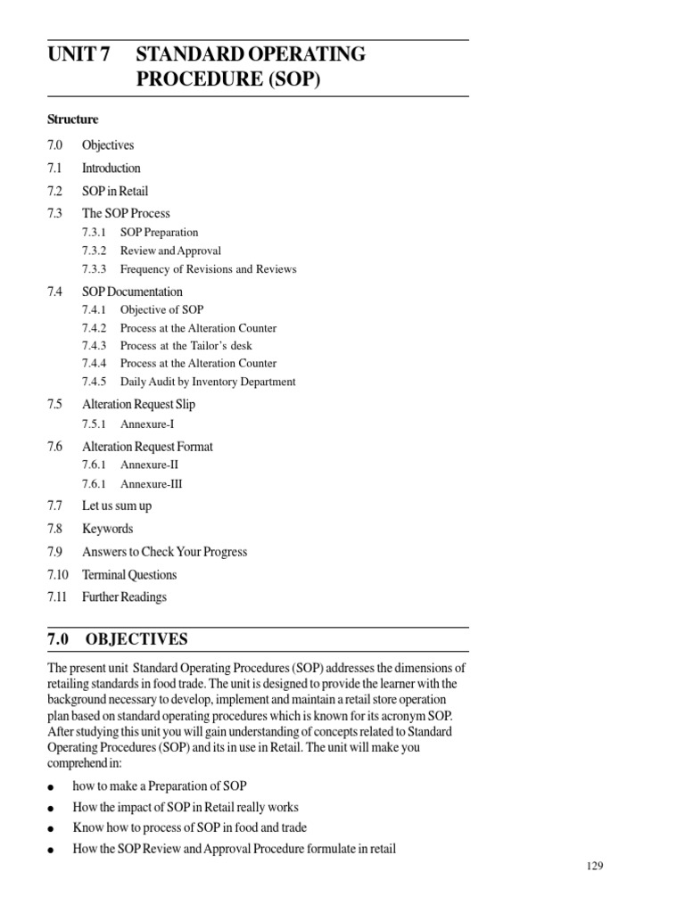 Unit 7 Standard Operating Procedure (Sop) : Structure | PDF | Regulatory Compliance | Merchandising