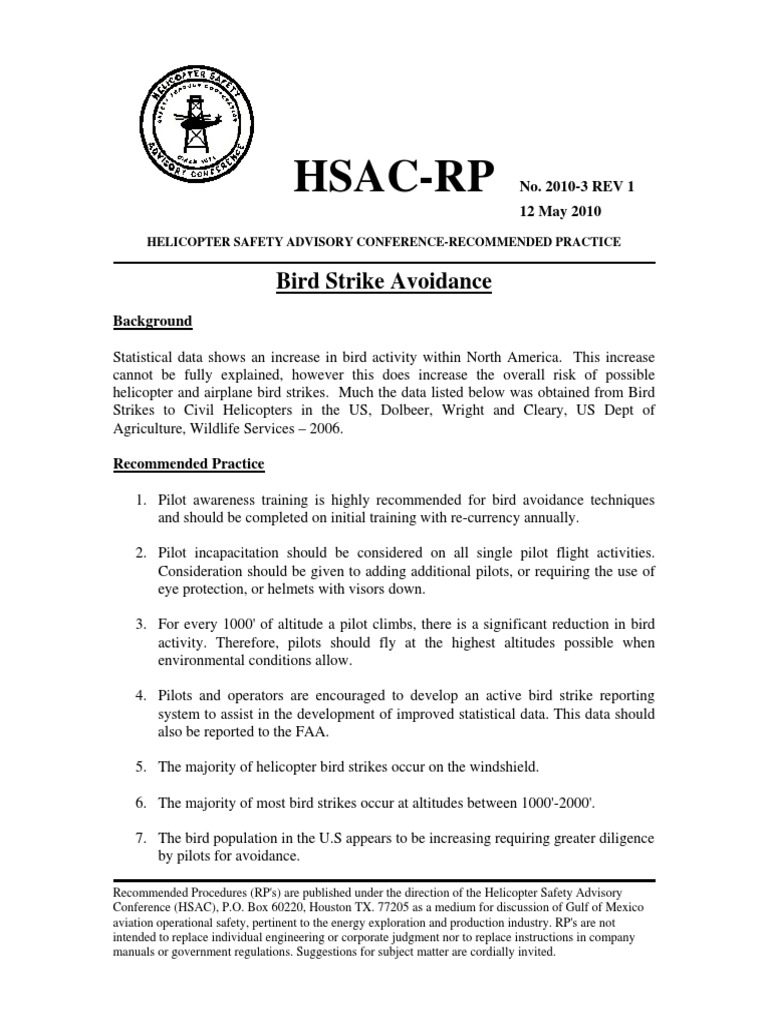 Hsac RP 2010-3 Bird Strike Avoidance | PDF | Altitude | Transport Safety