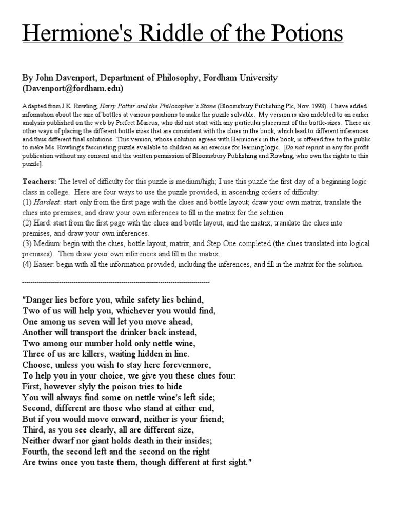 Hermione's Riddle of The Potions | PDF | Inference | Logic