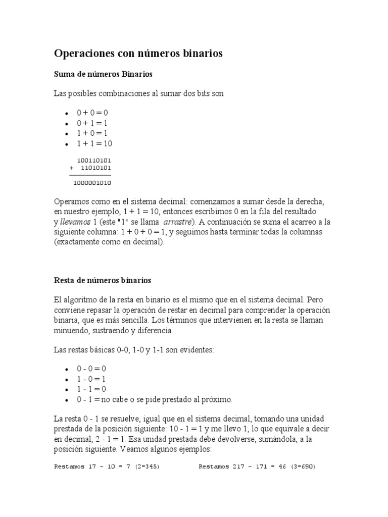Operaciones Con Números Binarios | PDF | Decimal codificado en binario ...