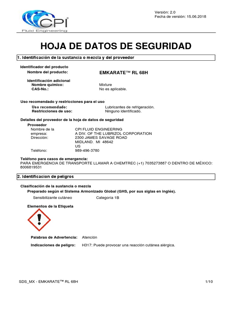 Emkarate RL 68H | PDF | Agua | Higiene Ocupacional