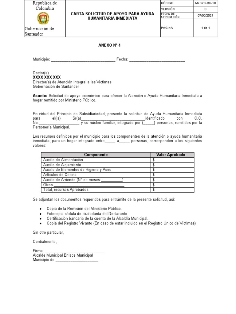 Mi-Syc-Rg-20 Carta Solicitud de Apoyo para Ayuda Humanitaria Inmediata | PDF | Gobierno