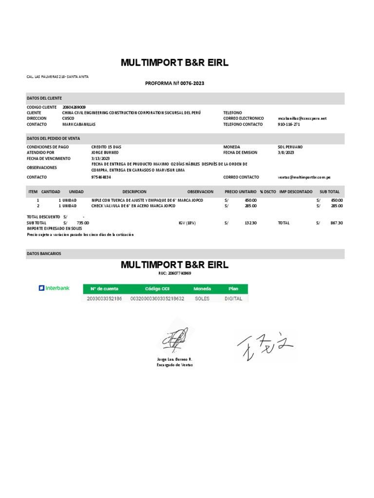 Multimport B&R Eirl: PROFORMA N 0076-2023 | PDF