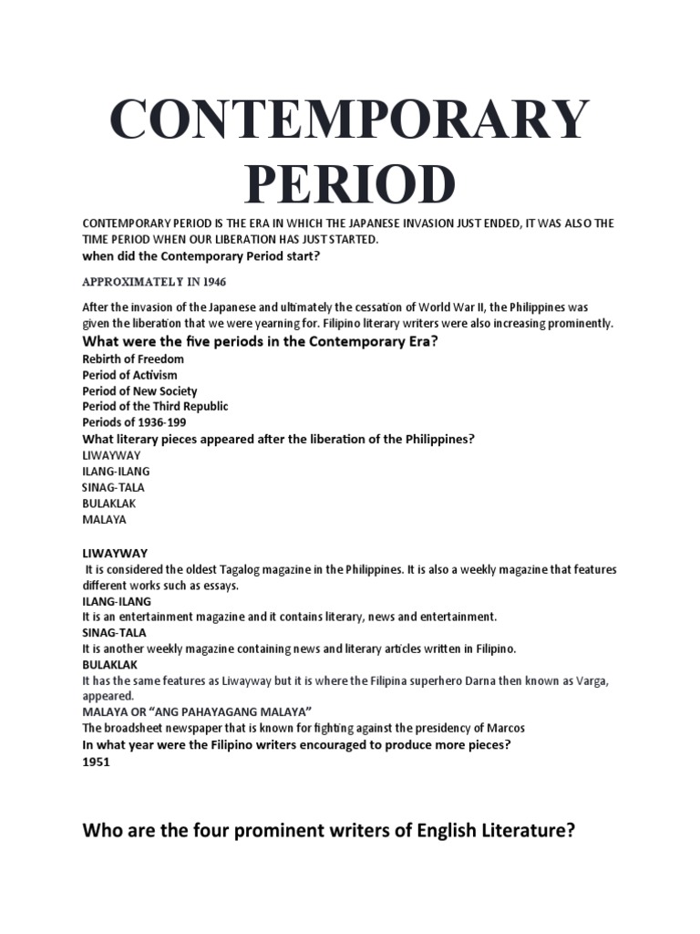 CONTEMPORARY PERIOD LITERATURE EMERGES | PDF | Philippines
