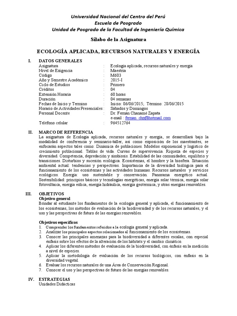 Sílabo Ecología Aplicada 2015-I | PDF | Biodiversidad | Ecología