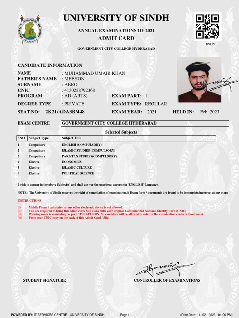 University of Sindh: Admit Card | PDF