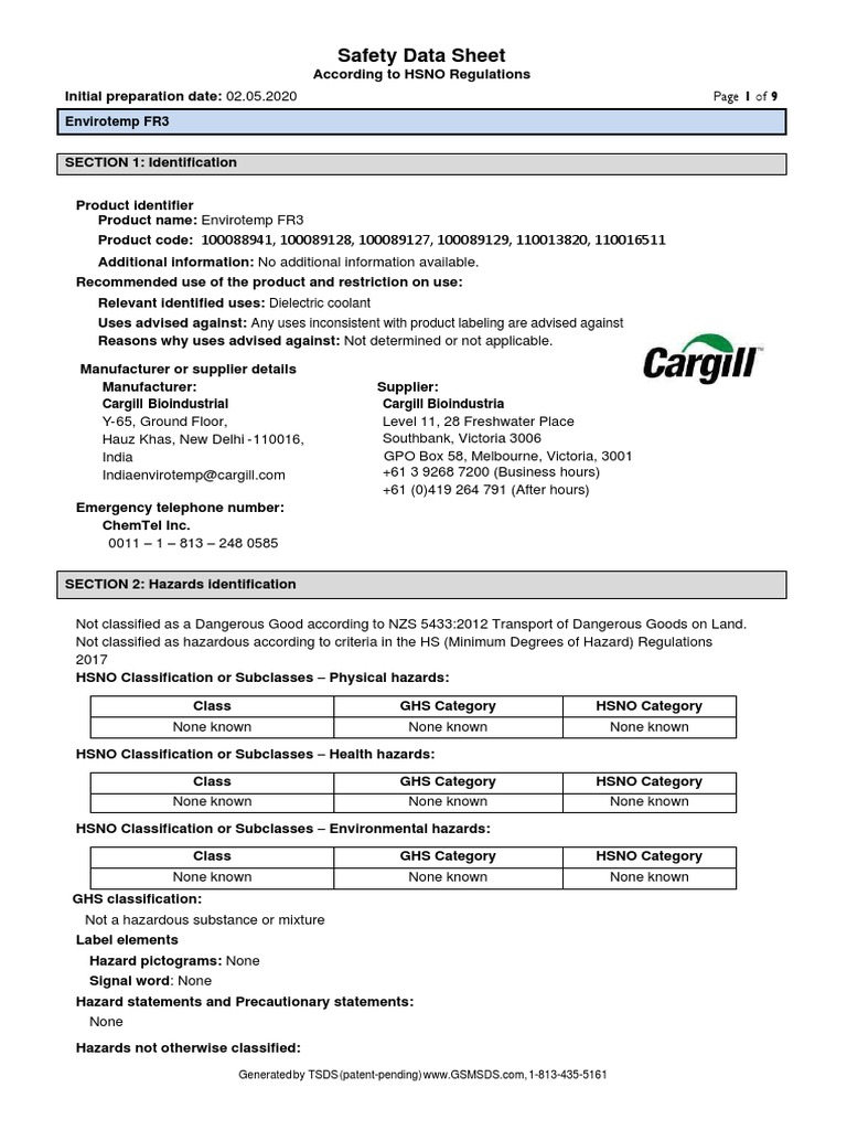 Safety Data Sheet for Envirotemp FR3 | PDF | Dangerous Goods | Personal Protective Equipment