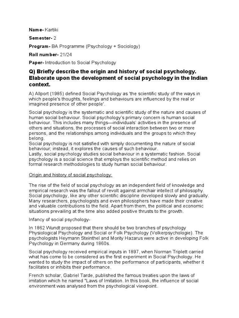 Q) Briefly Describe The Origin and History of Social Psychology ...