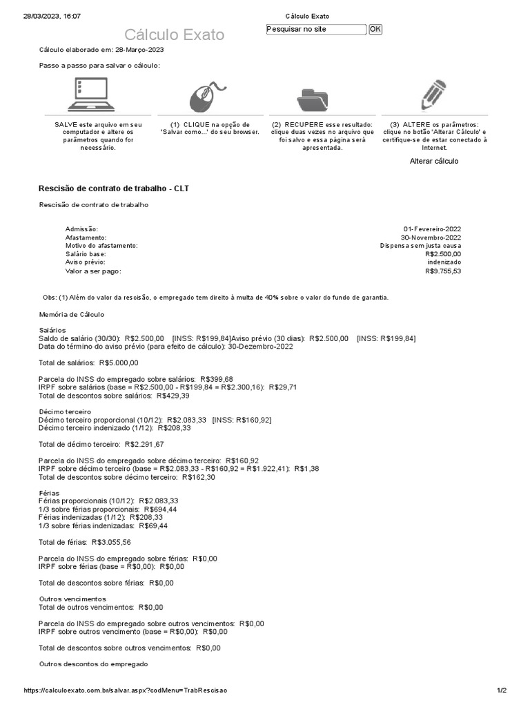 Cálculo Exato | Download grátis PDF | Férias trabalhistas | Business