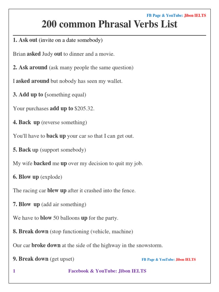 200 Common Phrasal Verbs List Pdf Facebook 
