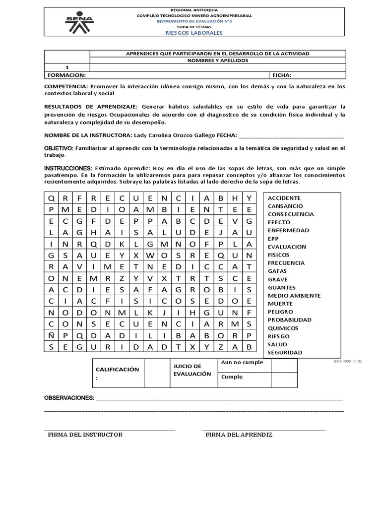 Instrumento de Evaluación #3 Sopa de Letras Riesgos Laborales Ok | PDF ...