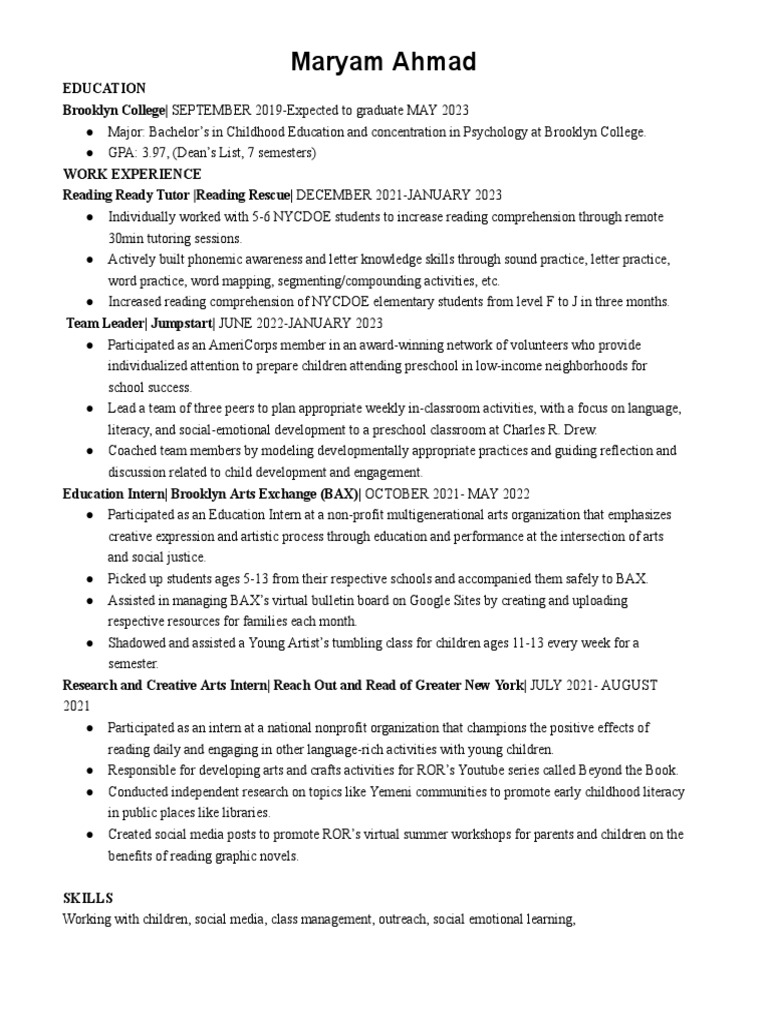 Maryam Ahmads Resume Fen 2023 | PDF | Behavior Modification | Learning