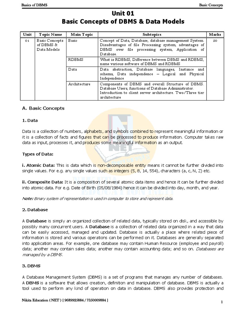Unit 01 Basic Concepts of DBMS & Data Models | Download Free PDF | Databases | Relational Database