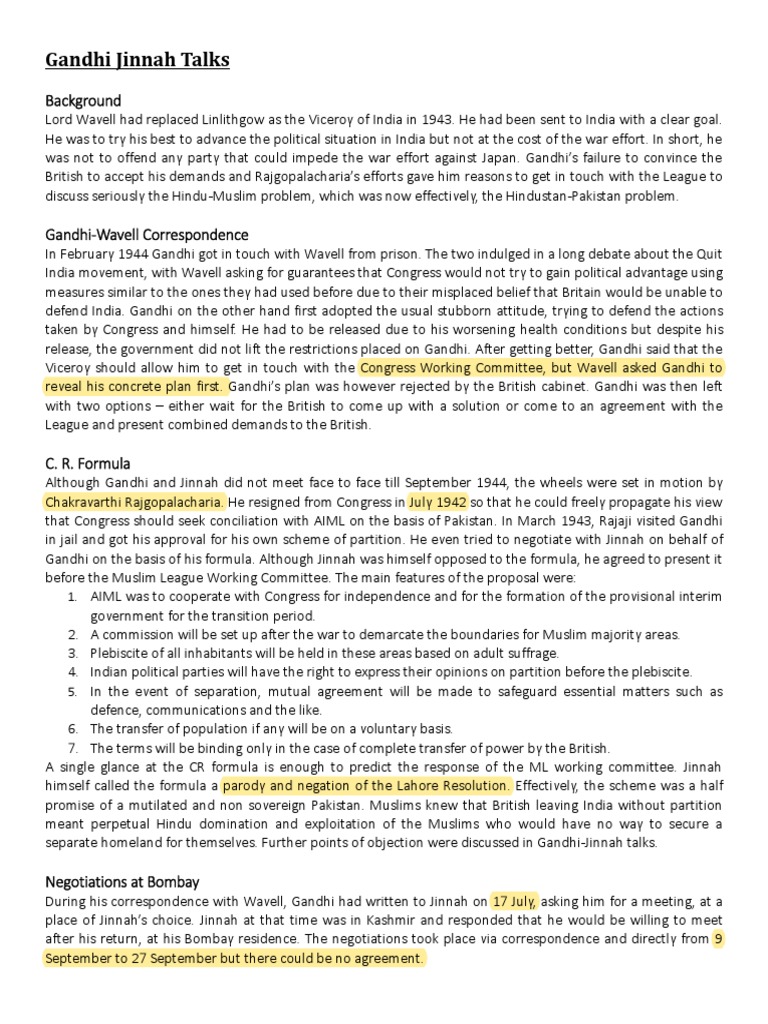 Gandhi-Jinnah Talks: 1944 Negotiations | PDF | Muhammad Ali Jinnah ...