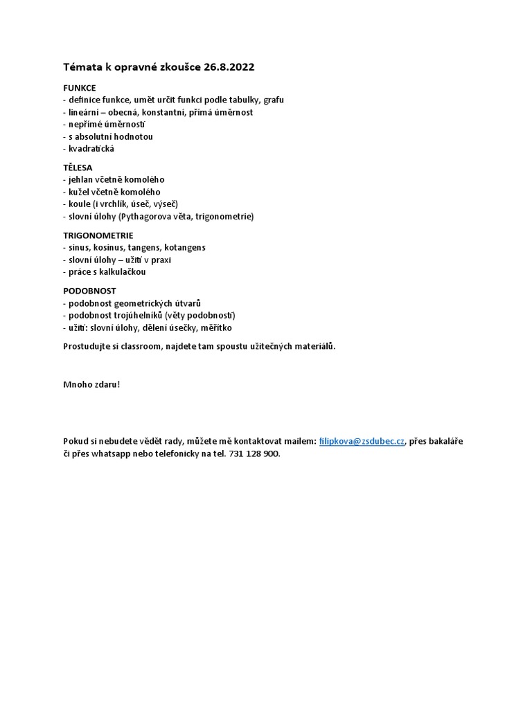 Témata K Opravné Zkoušce 26.8.2022: Funkce | PDF