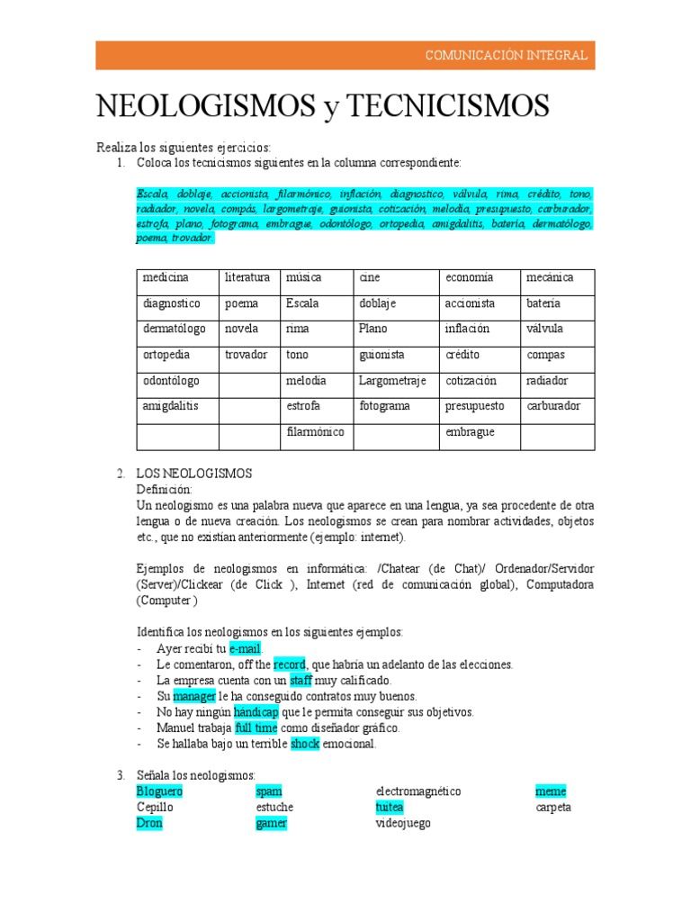 Neologismos Y Tecnicismos: Realiza Los Siguientes Ejercicios | PDF ...
