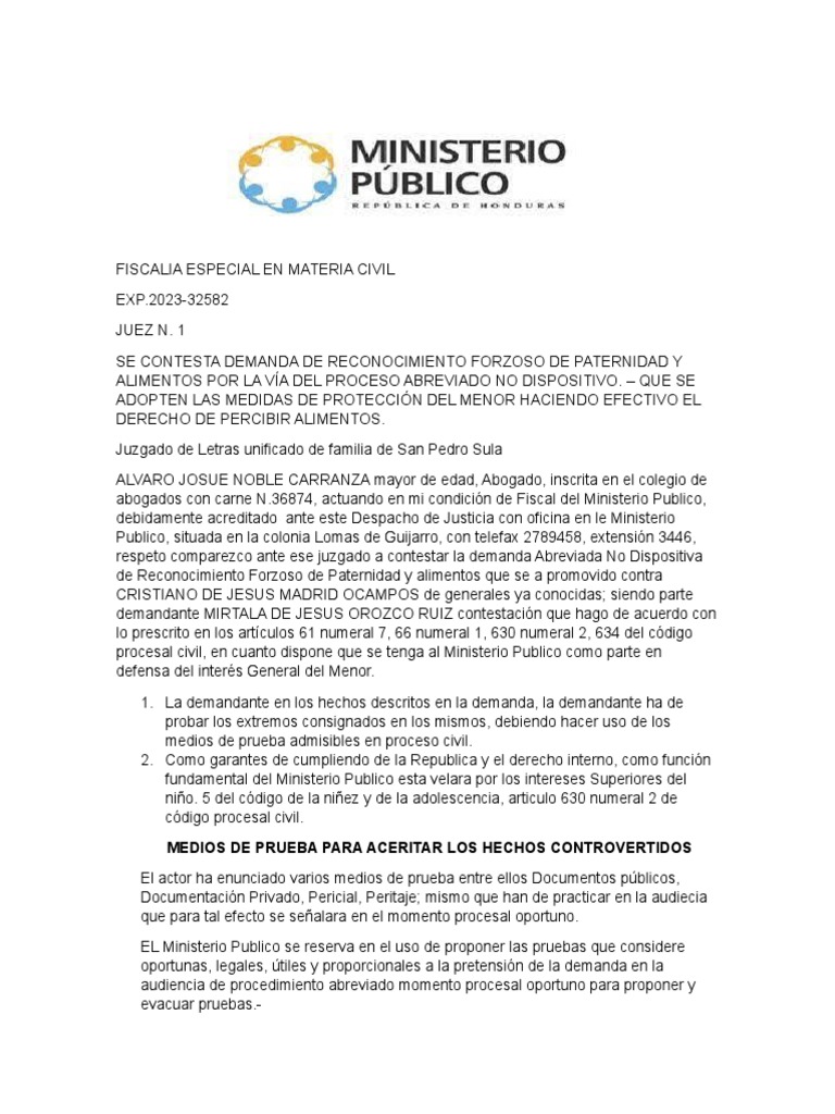 Contestacion Ministerio Publico | PDF | Demanda judicial | Ley procesal