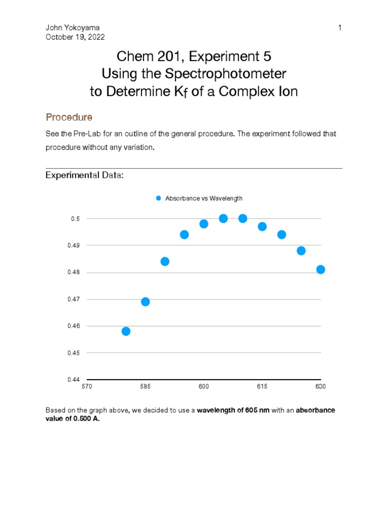 Chem 201 Experiment 5 - Lab Report | PDF | Electromagnetic Radiation ...