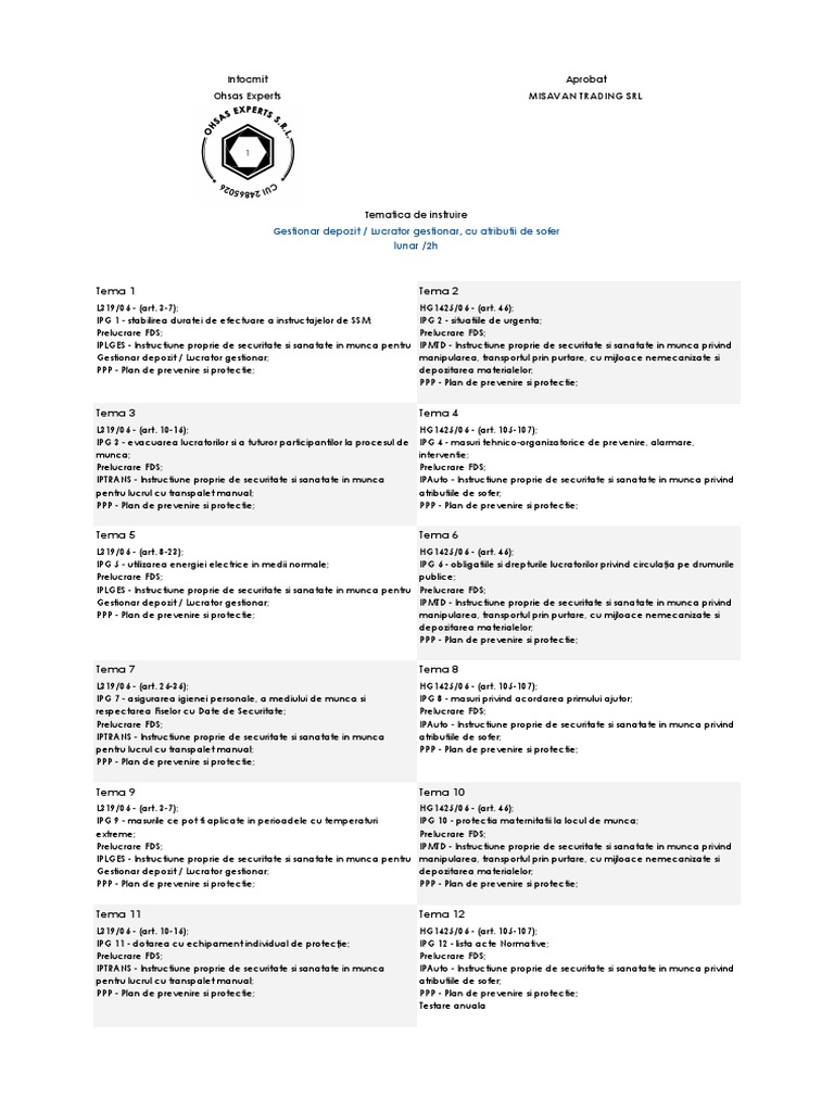 Tematica SSM - Gestionar Depozit, Sofer | PDF