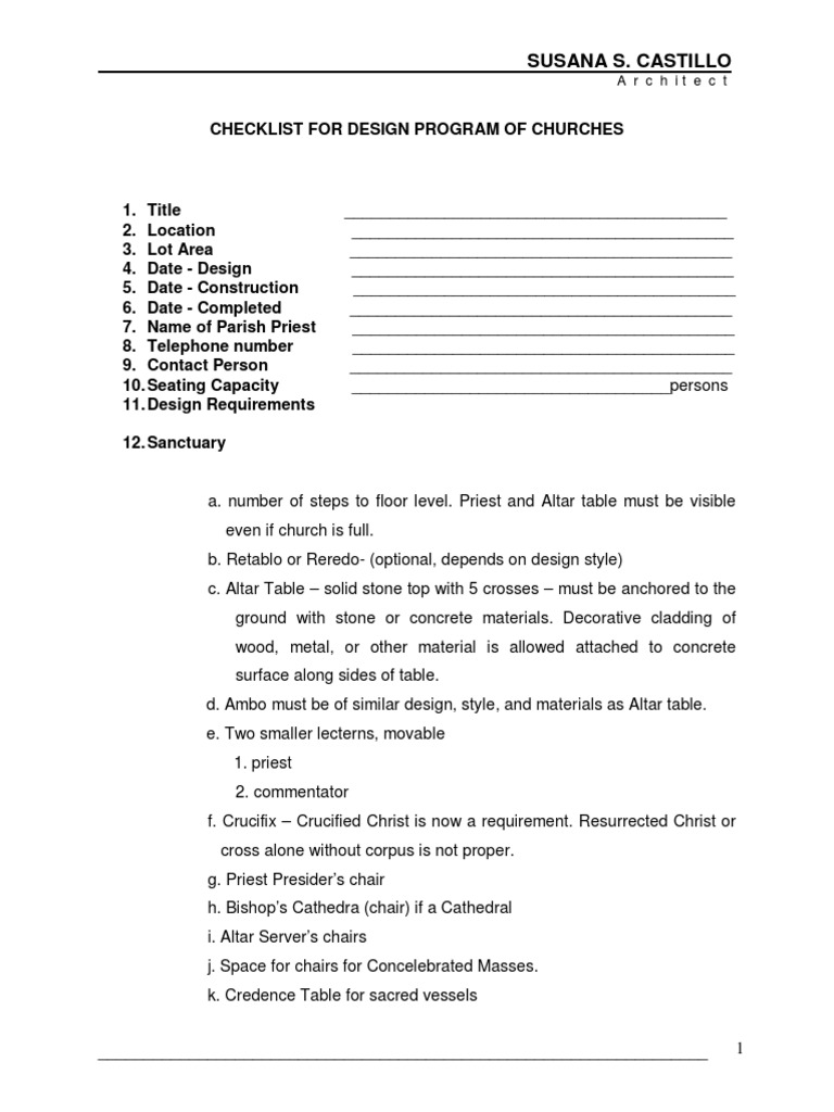 Check List For Design Program of A Parish Church | PDF | Altar | Lighting