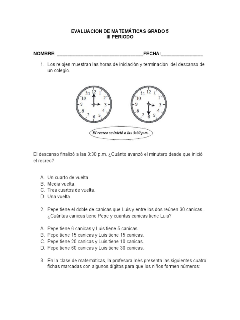 Evaluacion de Matemáticas Grado 5 III Periodo | PDF Evaluacion de Matemáticas Grado 5 III Periodo | PDF