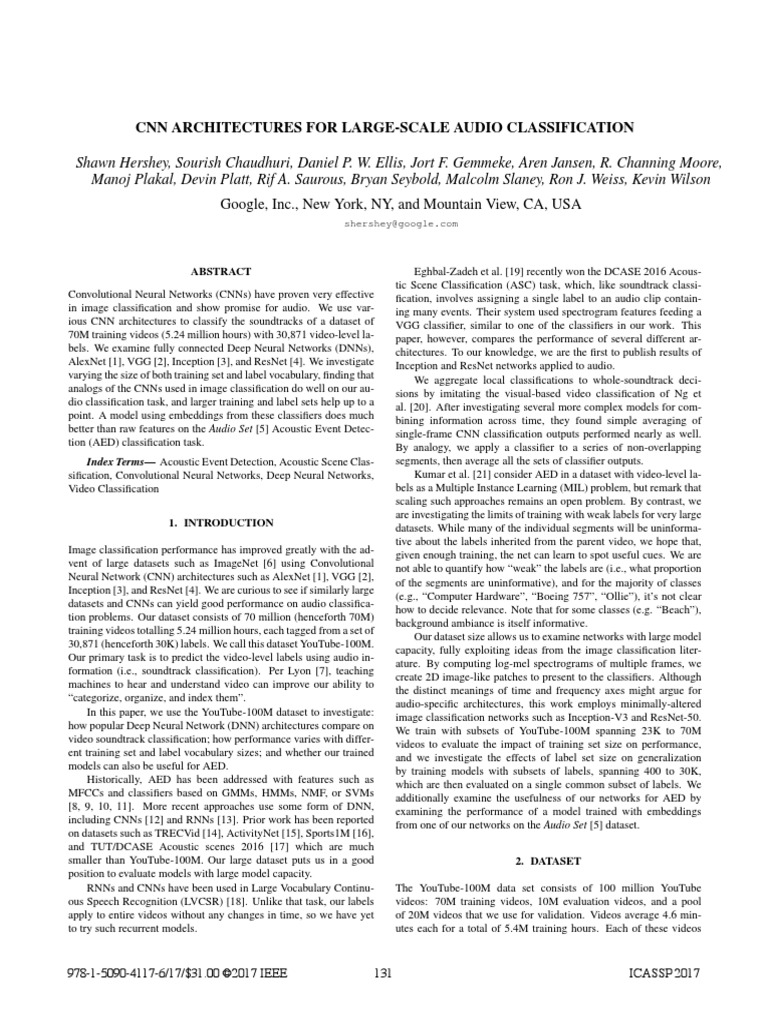 Cnn Architectures For Large Scale Audio Classification Pdf Receiver Operating Characteristic 