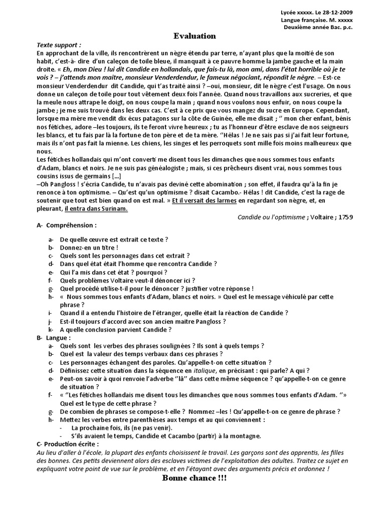 Évaluation de Candide pour le Bac 2 | PDF | Candide
