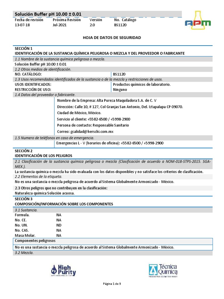 Hoja Seguridad bufferPH10 | PDF | Toxicidad | Agua