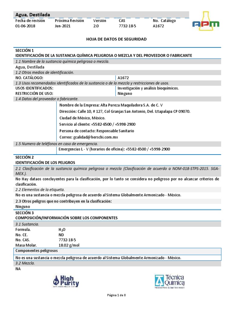 Agua Destilada: Ficha de Seguridad | PDF | Toxicidad | Agua