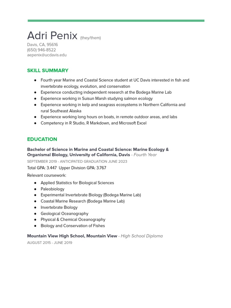 Marine Science Student Research CV | PDF | Sea | Laboratories
