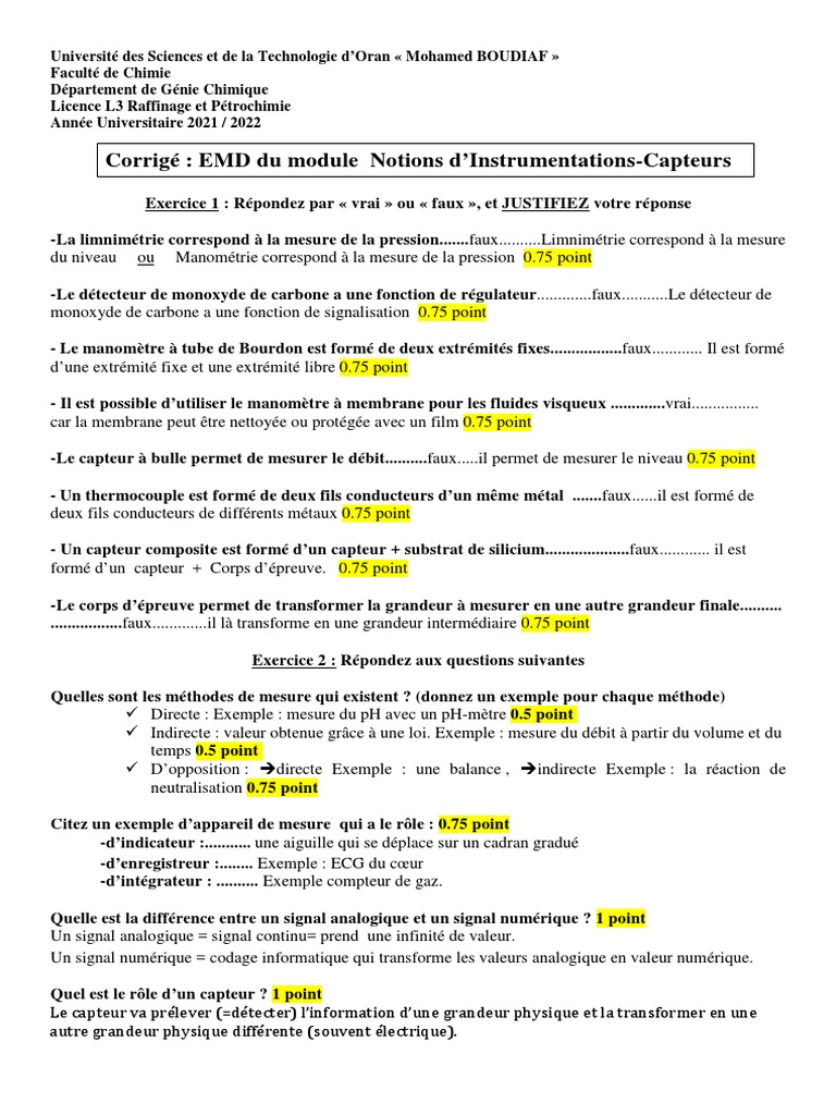 Corrige Sujet EMD L3 Instrumentation Capteurs | PDF | Capteur | mesure de pression