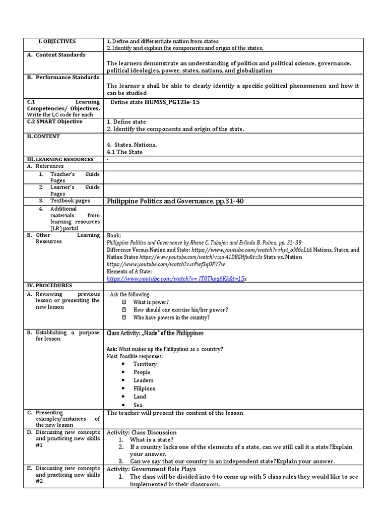 Philippine Politics and Governance, pp.31-40: I. Objectives A. Content Standards | PDF ...