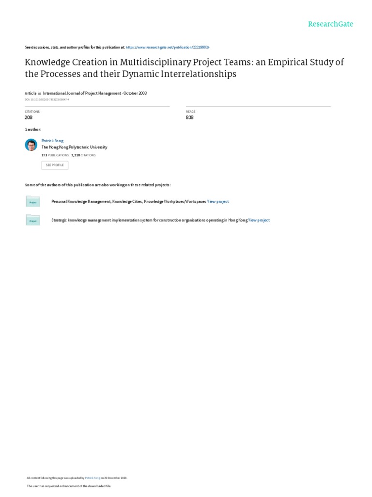 Knowledge Creation in Multidisciplinary Project Teams: An Empirical Study of The Processes and ...