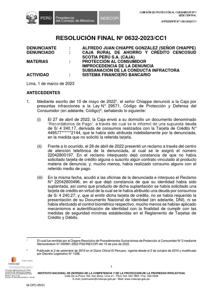 RESOLUCIÓN FINAL #0632-2023/CC1: Comisión de Protección Al Consumidor #1 Sede Central EXPEDIENTE ...