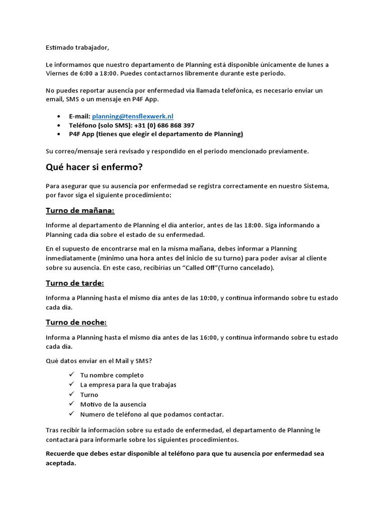 Sickness Procedure - SPANISH | PDF | Crecimiento personal y profesional