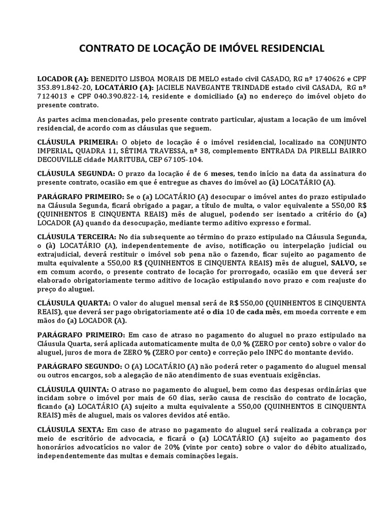 Contrato de Locação Residencial detalhado | PDF | Aluguel | Economias