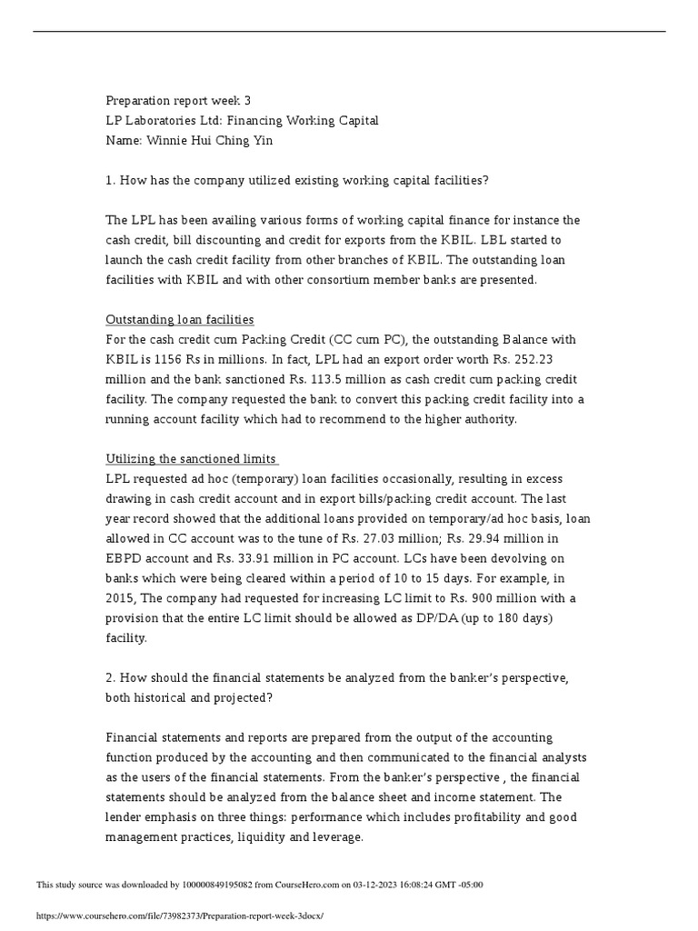 Preparation Report Week 3 | PDF | Financial Capital | Working Capital