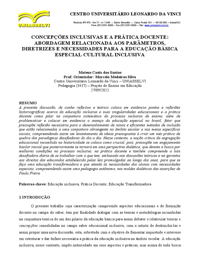 TG Educacao Inclusiva Mateus | PDF | Inclusão (Educação) | Educação ...