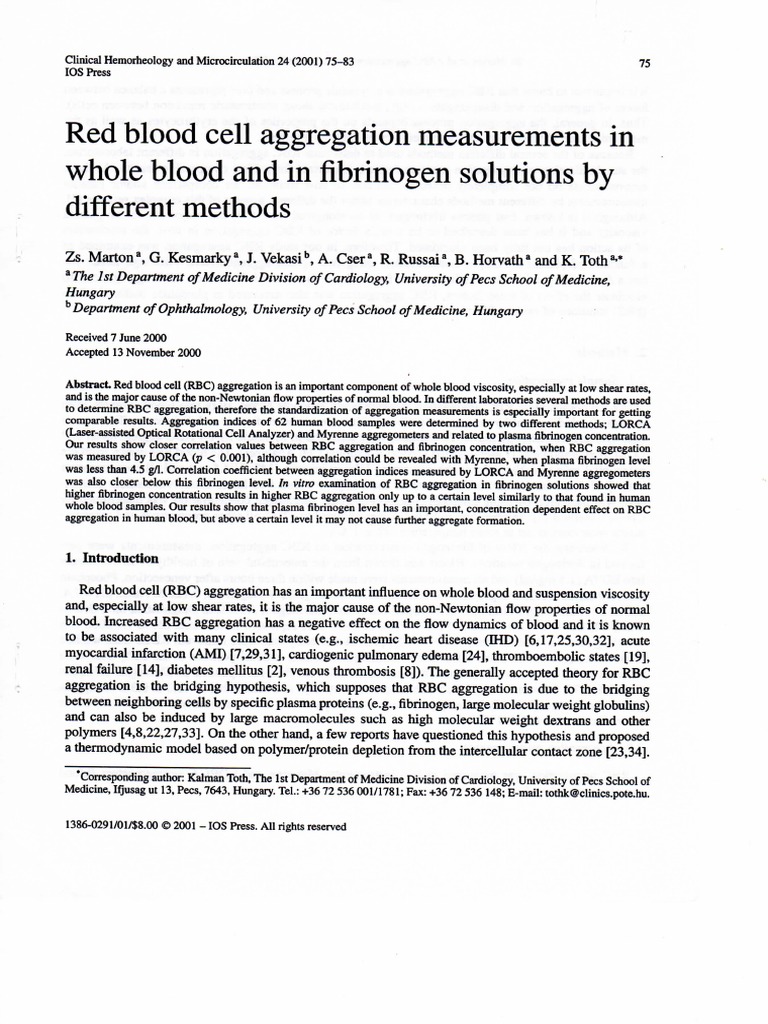 Márton Et Al Red Blood Cell Aggregation Measurements in Whole Blood and in Fibrinogen Solutions ...