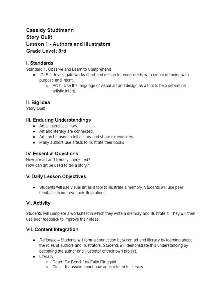 3rd Grade Story Quilt Lesson Plan 1 | PDF | Differentiated Instruction ...
