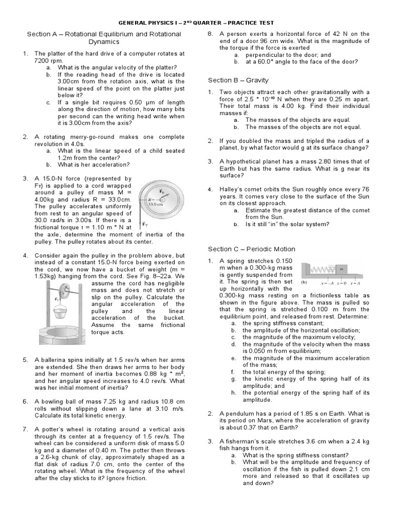 General Physics I - Finals Practice Test | PDF | Force | Rotation ...