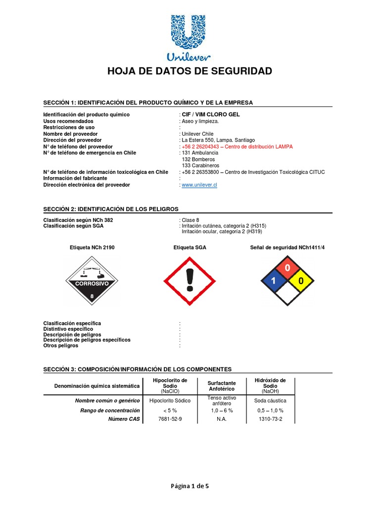 Hoja de Seguridad: Cloro Gel HDS | PDF | Hidróxido de sodio | Agua