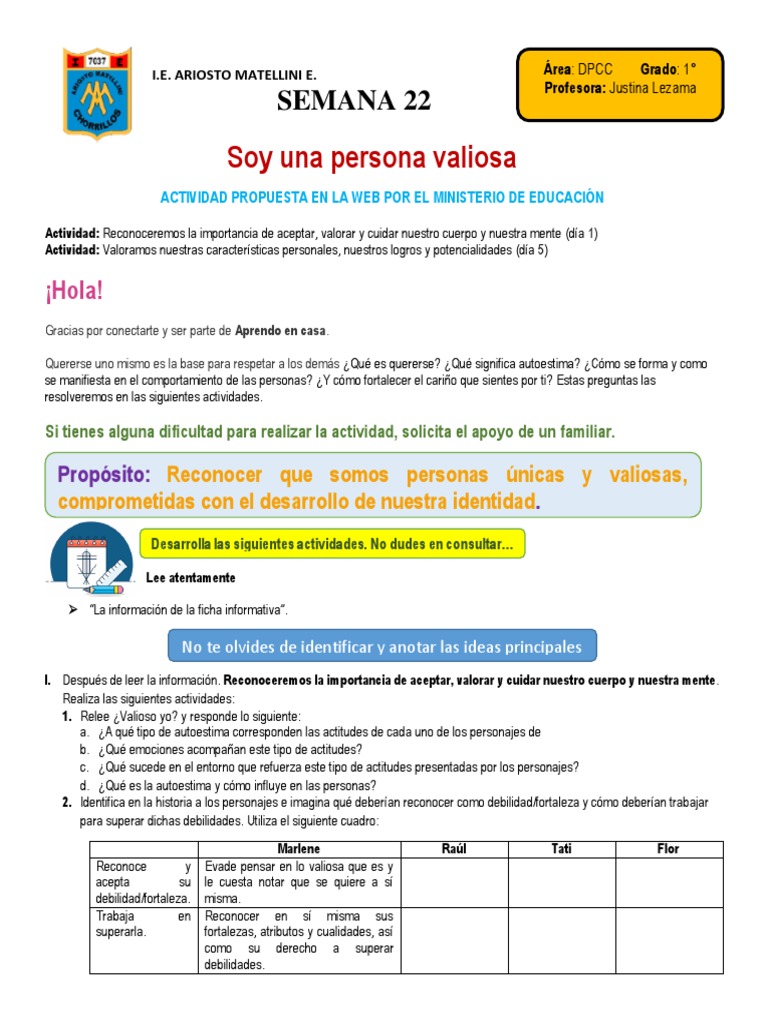 Soy Una Persona Valiosa: Semana 22 | PDF | Autoestima