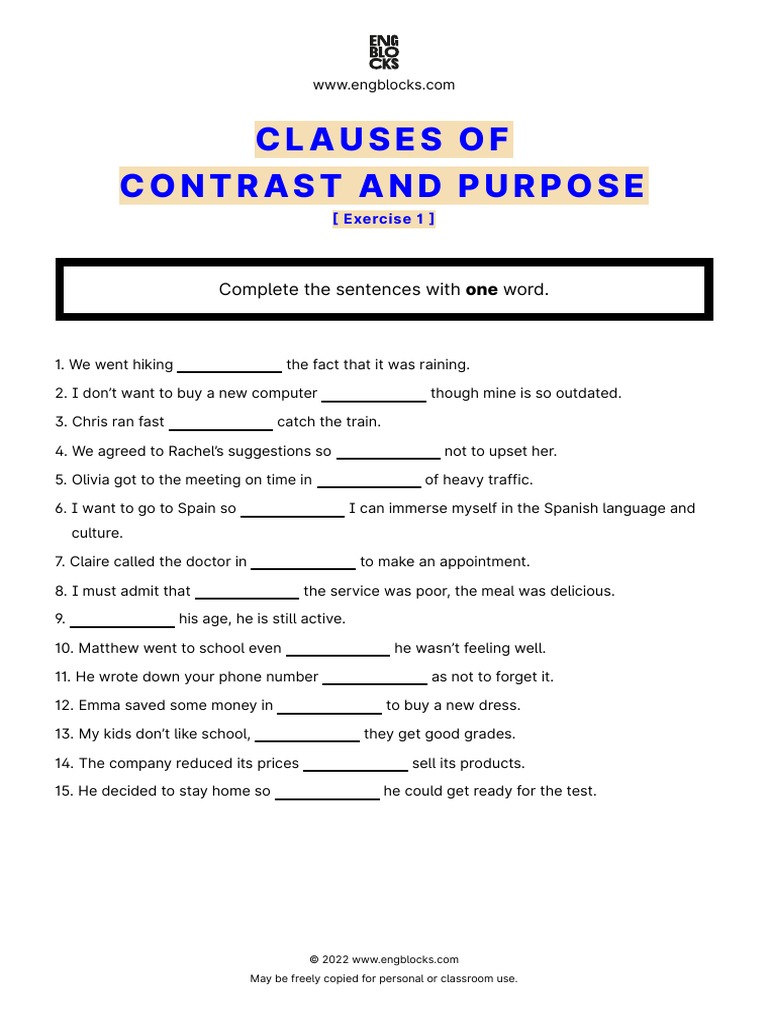 Clauses of Contrast and Purpose Exercise 1 | PDF
