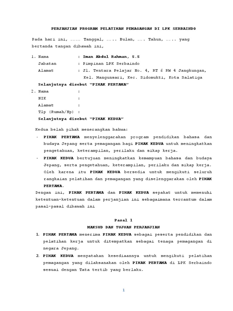 Contoh Perjanjian Pemagangan Antara Peserta Magang Dengan LPK Yang ...