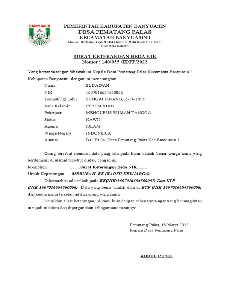 Surat Keterangan Beda Nik | PDF