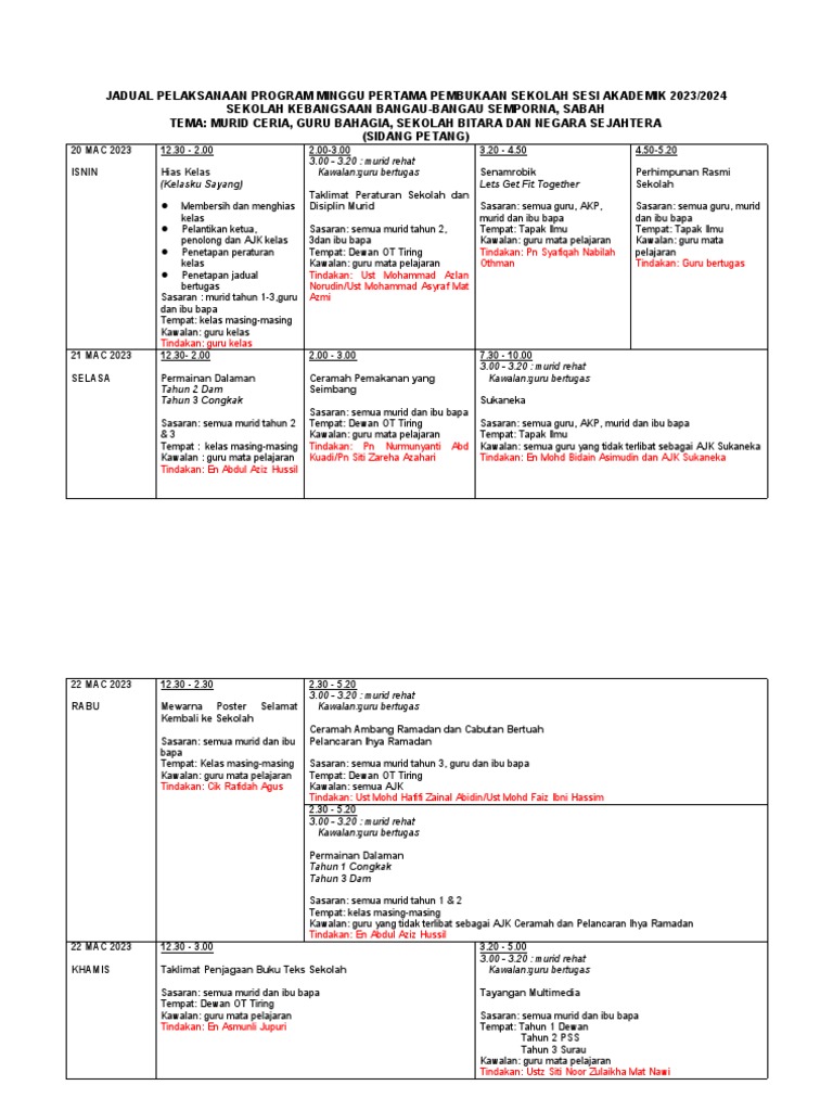 Jadual Pelaksanaan Program Minggu Pertama Pembukaan Sekolah Sesi Petang | PDF