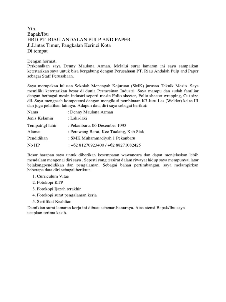 Yth. Bapak/Ibu HRD Pt. Riau Andalan Pulp and Paper JL - Lintas Timur, Pangkalan Kerinci Kota Di ...